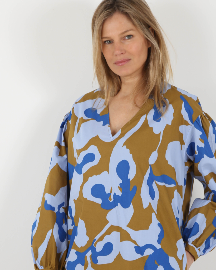 Puff Sleeve Dress Royal Print