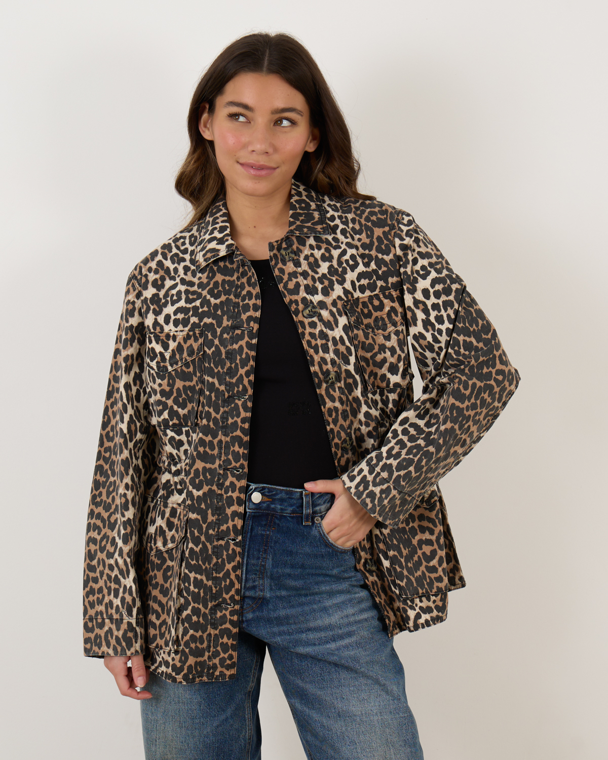 Ganni Leopard Cotton Canvas Jacket Almond Milk